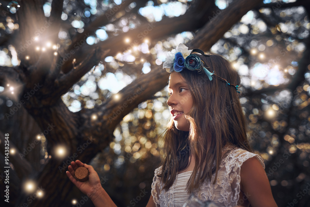 Firefly, nature and girl child with smile, forest and outdoor fairy ...