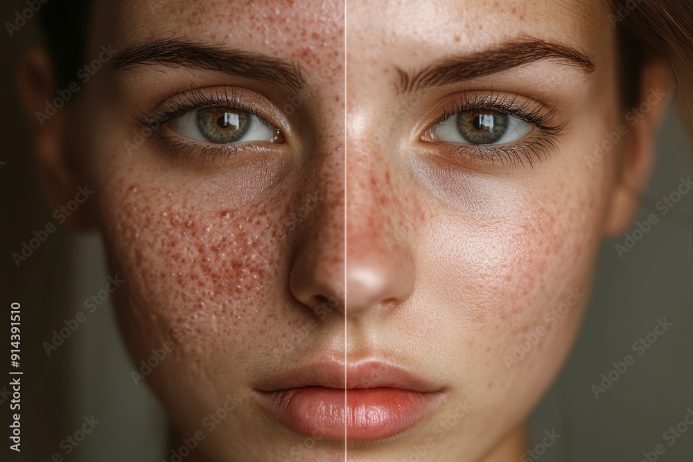Portrait of a woman with one side of her face showing acne scars and ...