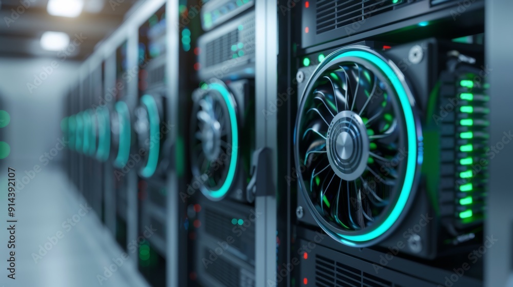 Highperformance crypto mining rig with multiple GPUs, cooling fans, and ...