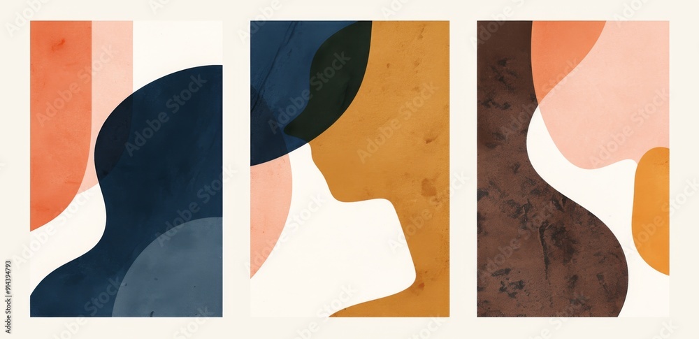 Set of Three Abstract Paintings with Frames Featuring Simple Shapes and ...