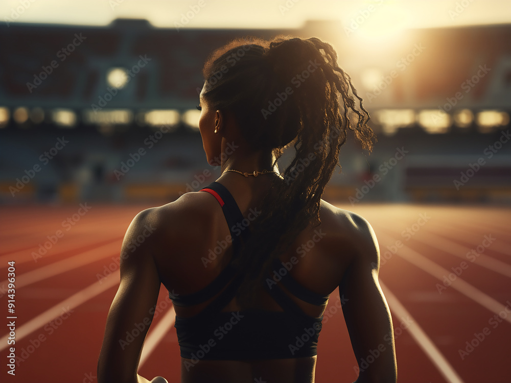 Black female sprinter on start blocks, ready for an outdoor competition ...