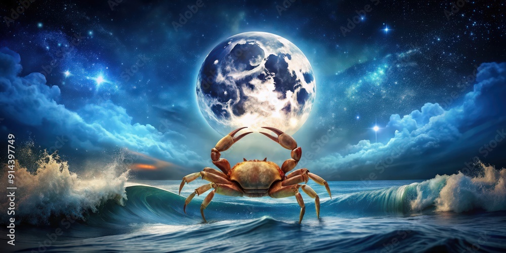of Cancer, the Crab with detailed claws and protective shell in a water ...