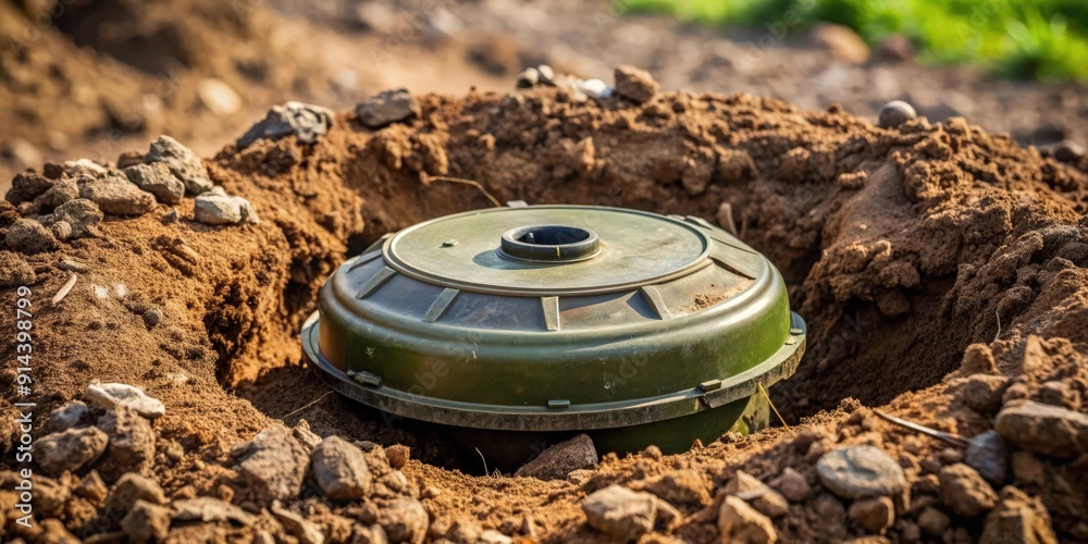 Close-up view of an anti-tank mine buried in the ground , explosive ...