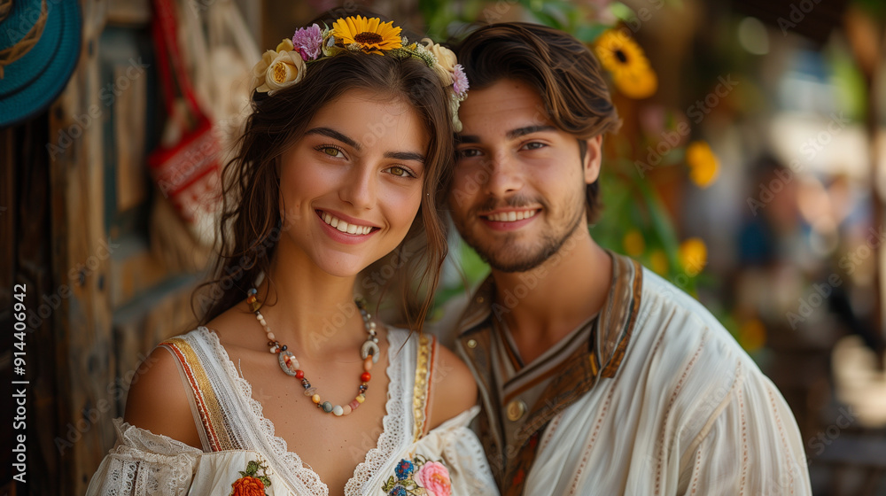 Newly Married Italian Couple in Traditional Dress, Posing Outdoors with ...