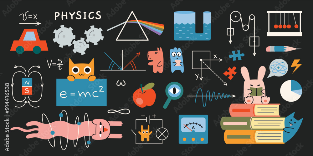 Physics lesson at school. Physics formulas, drawings, equipment for ...