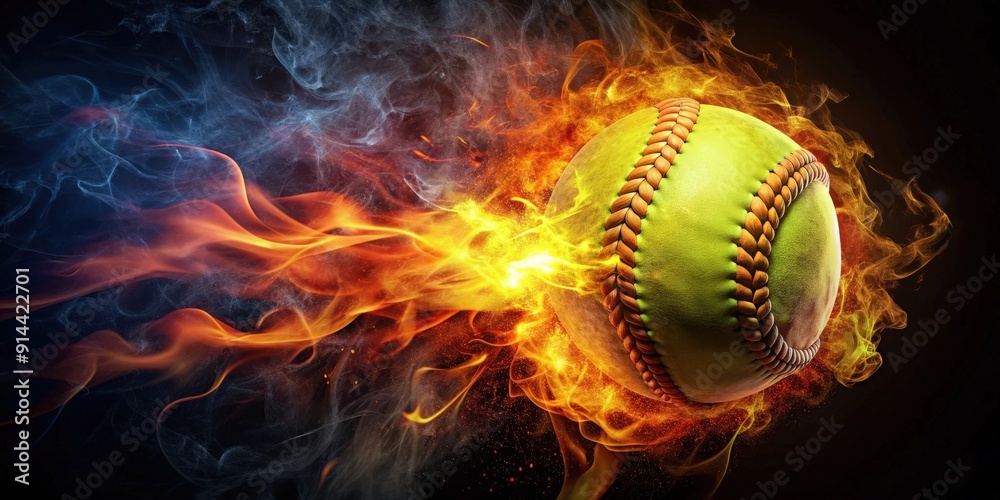 Softball ball engulfed in neon fire flames exploding on dark glossy ...