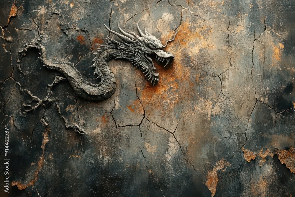 ancient stone wall with a weathered dragon mural coming to life cracks ...