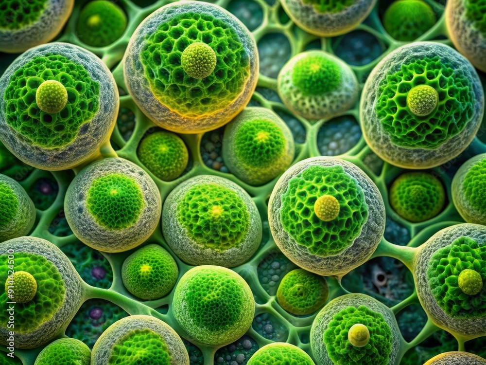 Vibrant green plant cells with intricate structures and membranes ...