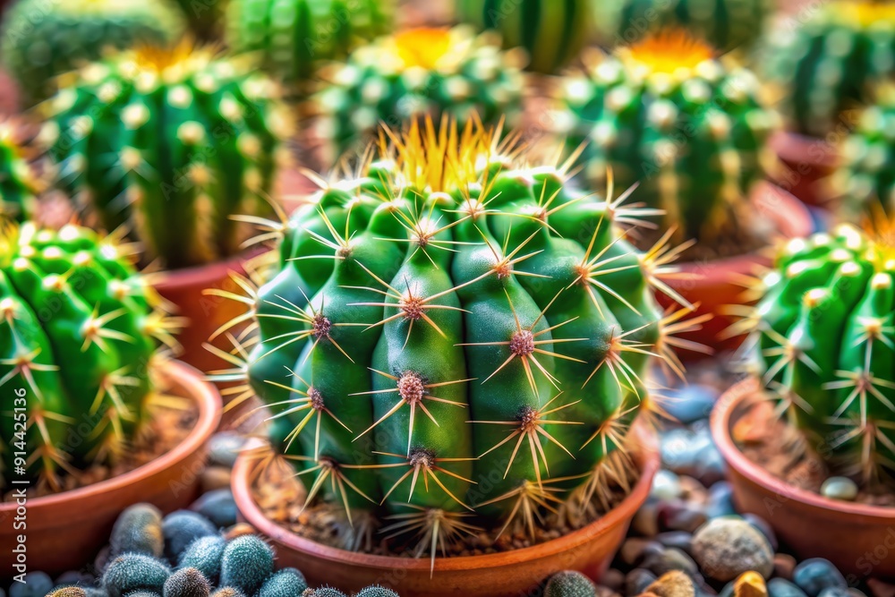 Small, rounded dwarf chin cactus dominates the frame, its vibrant green ...