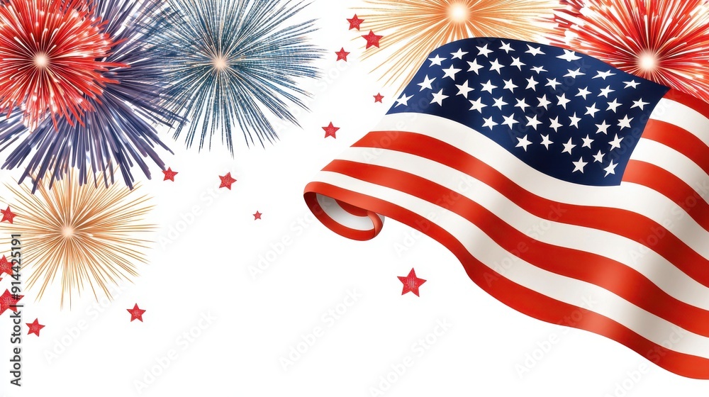 Patriotic vector illustration of fireworks bursting above star-spangled ...