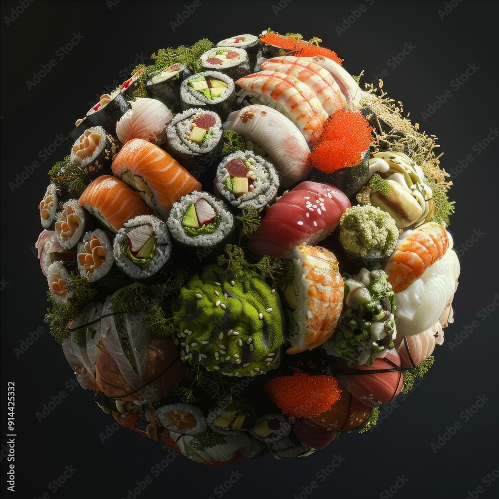 Unique spherical sushi and sashimi assortment. Vibrant colors and ...