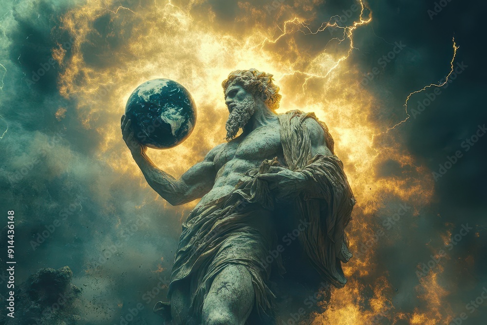 colossal statue of atlas holding earth set against a turbulent sky ...