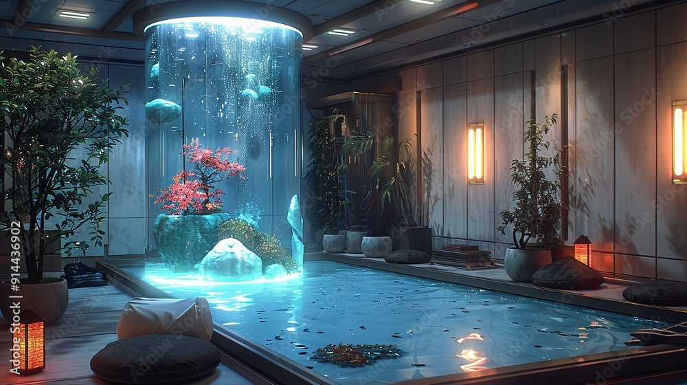 Futuristic swimming pool with glowing underwater cylinder. Cyber hall ...