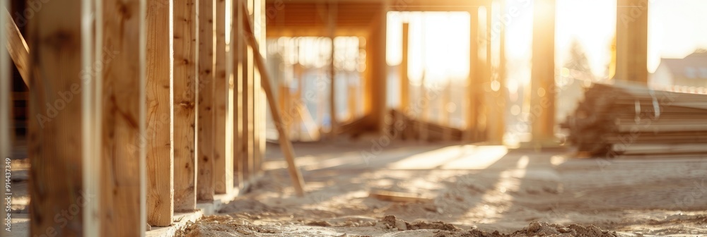 Blurry background of vacant construction site with unfinished wooden ...
