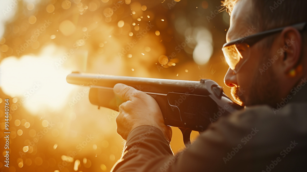 A muzzle blast from a shotgun by an experienced hunter and marksman ...