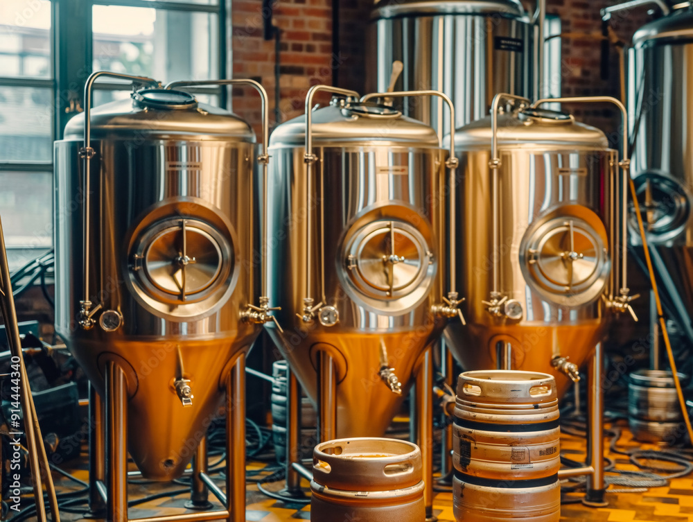 Three large tanks of beer are lined up in a room. The tanks are silver ...