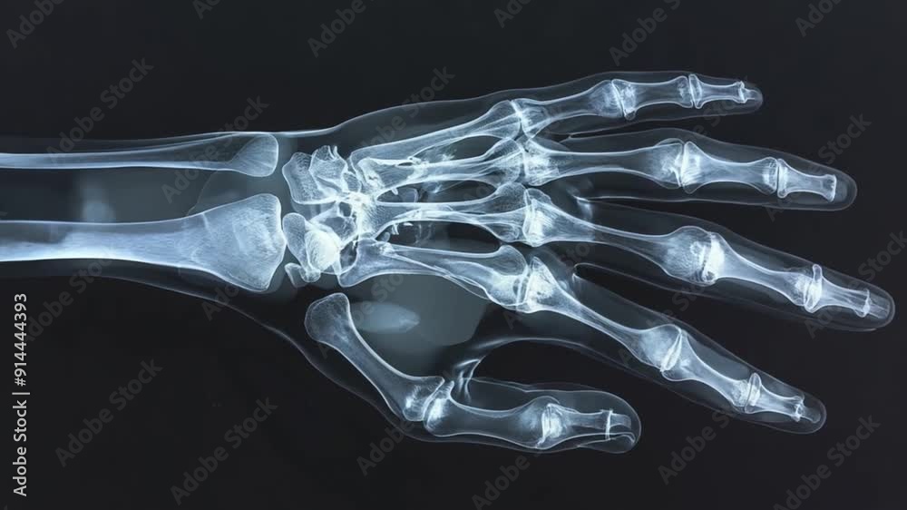 X-ray of human hand over dark medical background, examination of ...