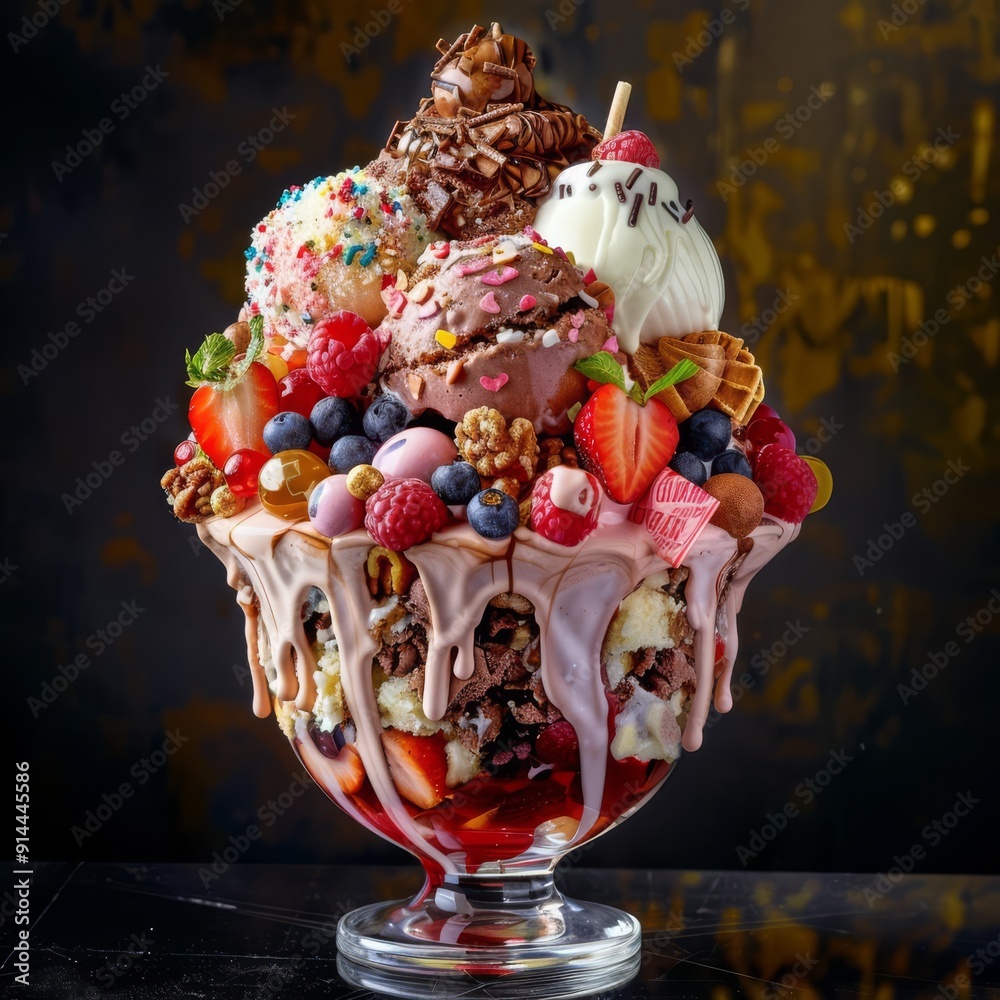 Giant ice cream sundae with toppings, unhealthy food, sugary delight ...