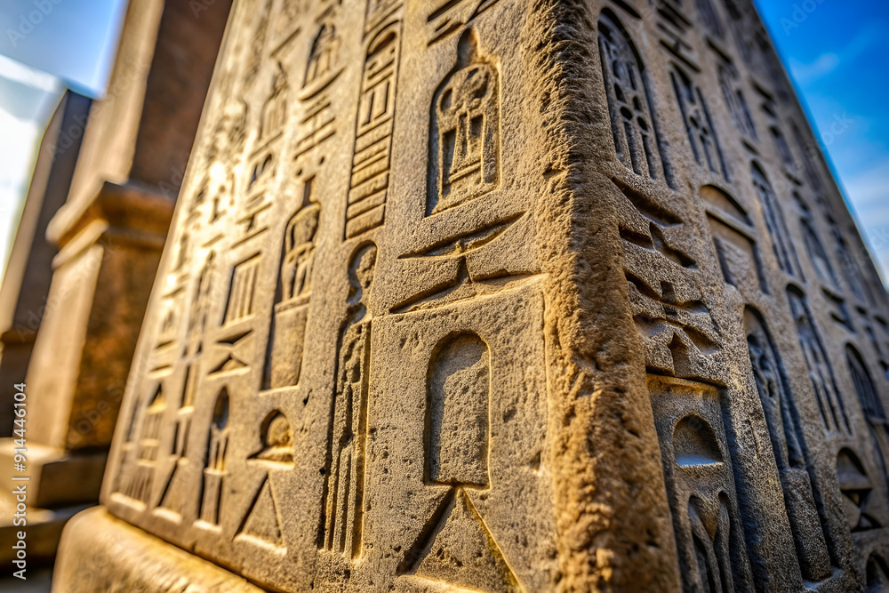 The stone pillar is covered in hieroglyphics, which are ancient ...
