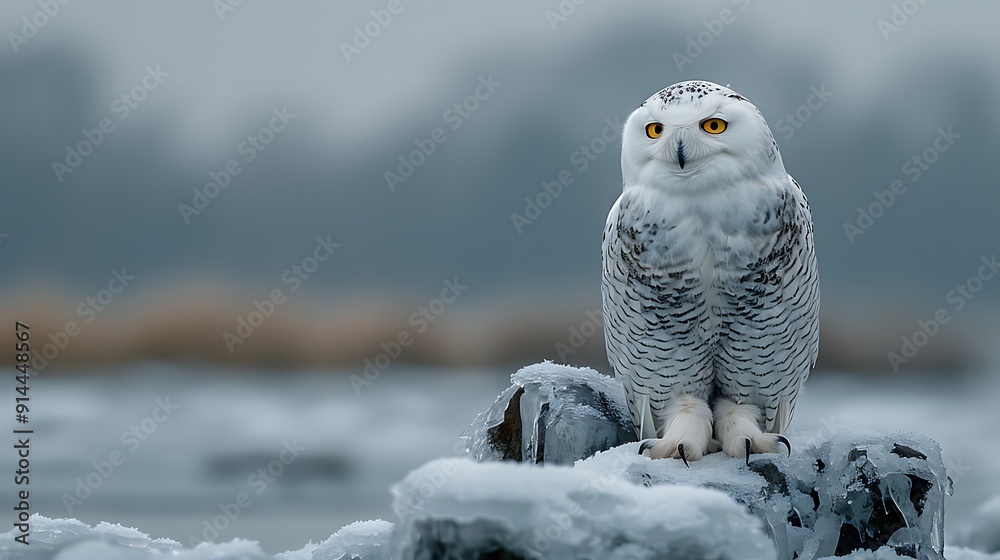 Captivating scene of solitary Snowy Owl Bubo scandiacus perched ice ...