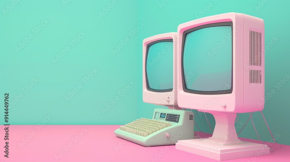 Two vintage computers with blank screens on a pink and blue background ...