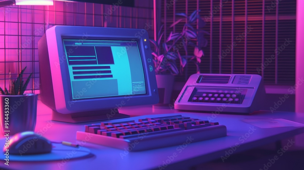 Retro computer setup with neon lights, a potted plant and a classic ...