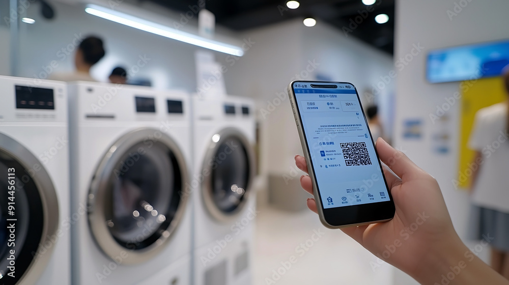 Hand Holding Smartphone in Modern Smart Laundry Room, Using QR Code for ...