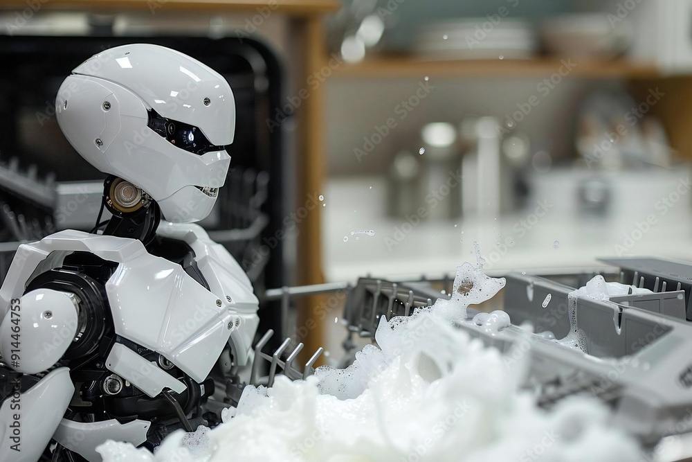 Sad humanoid robot looking at foam coming out from dishwasher in ...