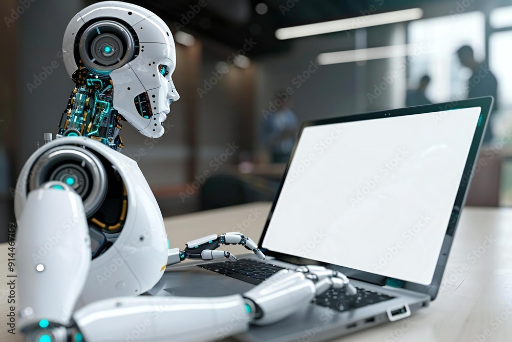 Humanoid Robot Working On Laptop With Blank White Screen, robot, laptop ...