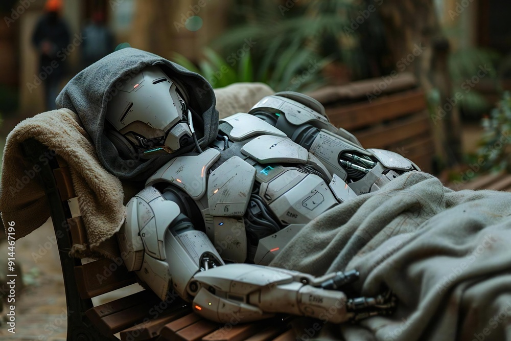 Humanoid Robot In Hood Sleeping On Bench With Blanket, robot, homeless ...