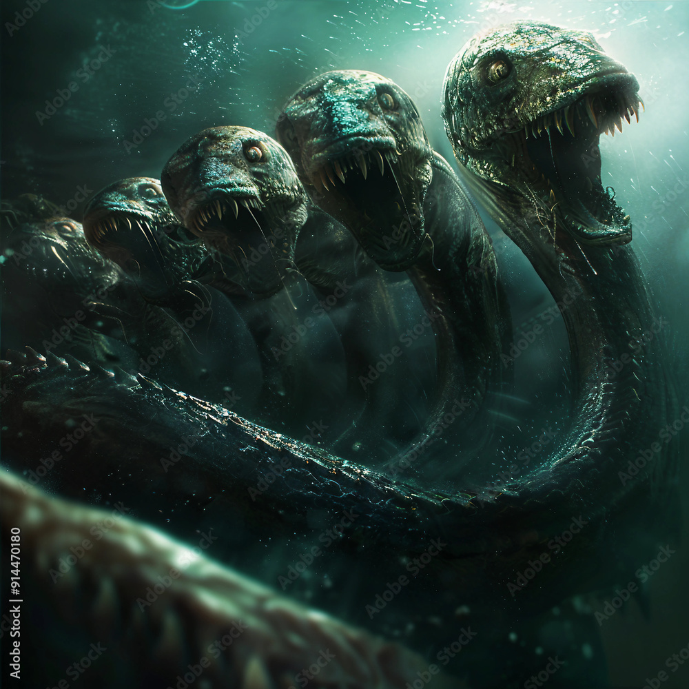 Fantasy Concept Art of a Multi-Headed Eel-Like Sea Monster in an ...