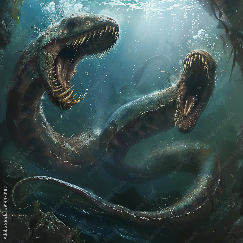 Fantasy Concept Art of a Multi-Headed Eel-Like Sea Monster in an ...