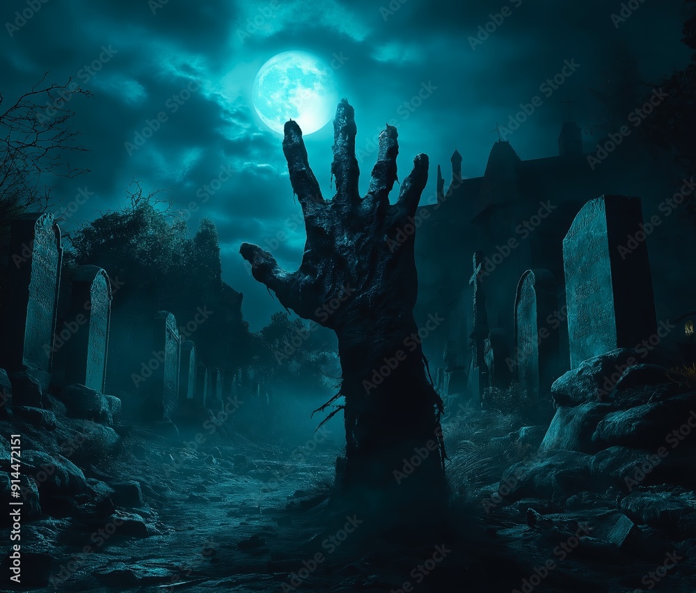 Mysterious and eerie blue-lit scene of a zombie hand emerging from the ...