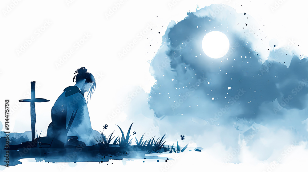 Watercolor painting of a person grieving at a grave with a cross ...