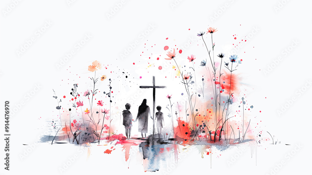 Mother with her two children walking towards cross faith family ...