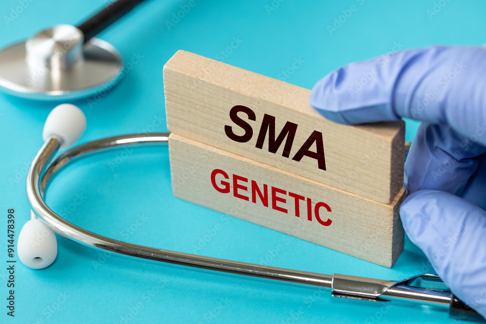 SMA disease, Doctor shows wooden blocks with words SMA Genetic. spinal ...
