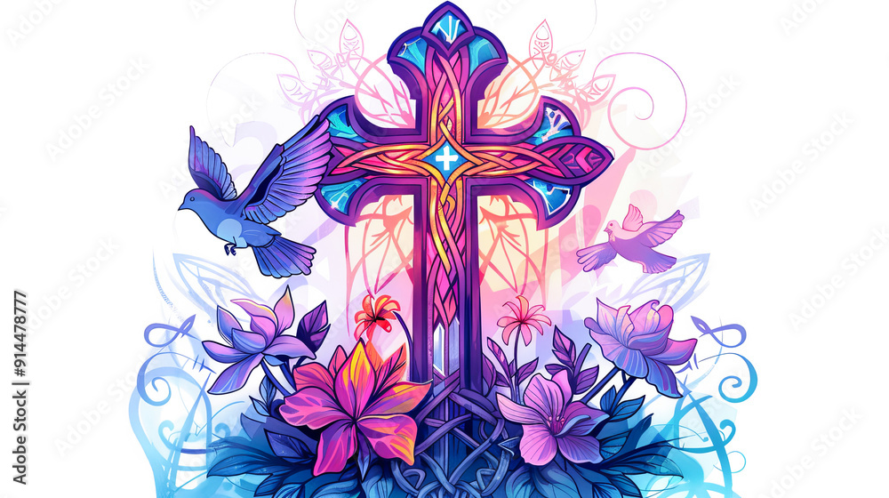 Colorful cross illustration with flowers and doves faith religion ...