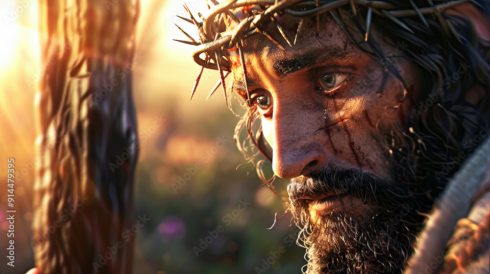 Jesus Christ portrait wearing crown of thorns suffering pain closeup ...