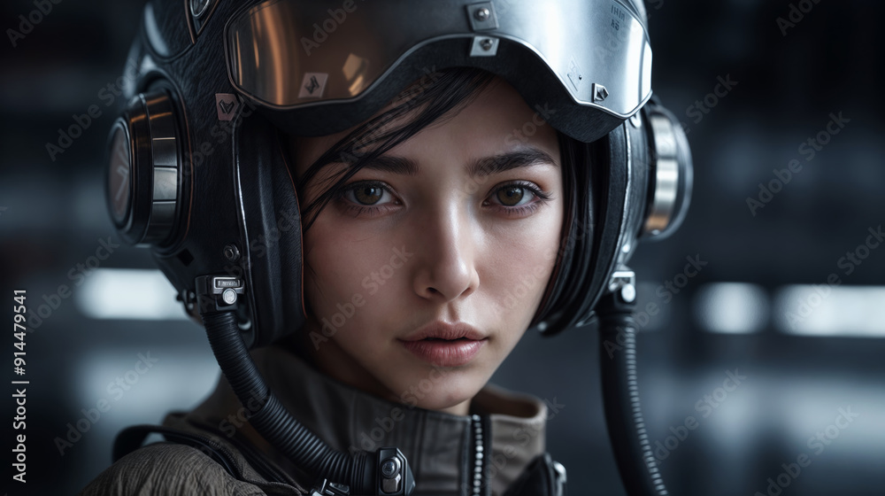 Young Asian female pilot in futuristic helmet, close-up portrait ...