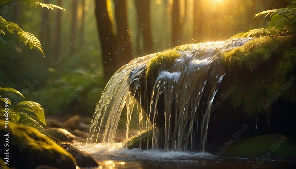 small waterfall in a forest, with water droplets catching the golden ...