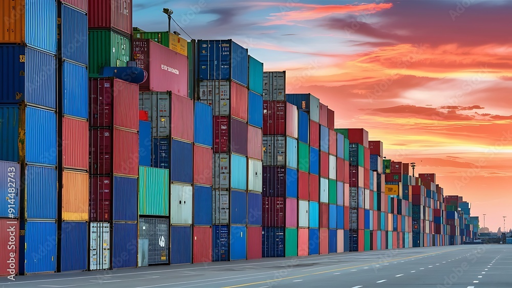 Stacked shipping containers line a dock at sunset, the vibrant colors ...