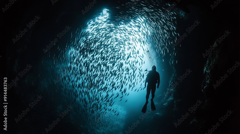 Free diver swimming through large school of bait fish swimming in ...