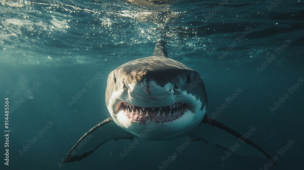Front on shot of ominous looking Great White Shark swimming toward ...
