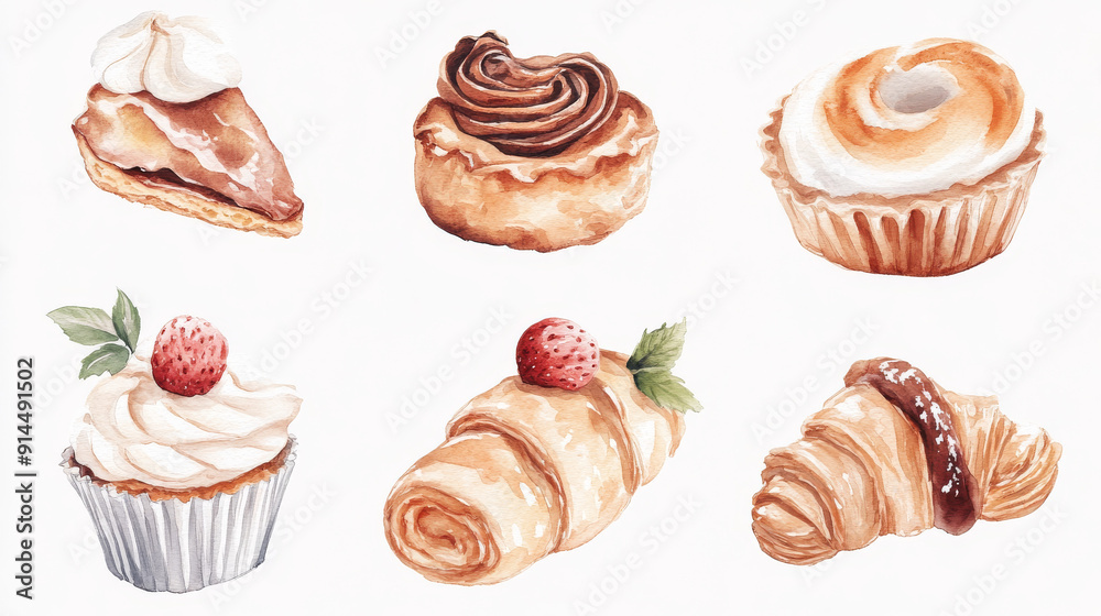 Hand-painted watercolor illustrations of various pastries, showcasing ...