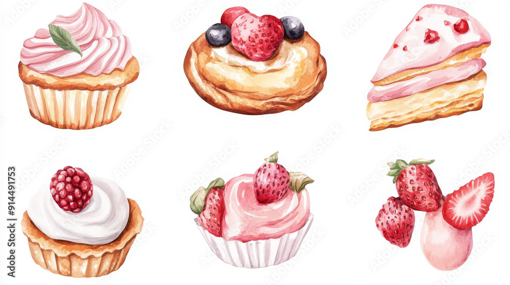 Hand-painted watercolor illustrations of various pastries, showcasing ...