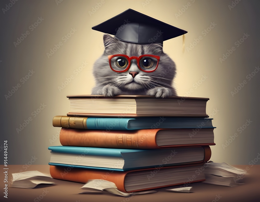 Humorous full-body illustration of a smart cat on a stack of books ...