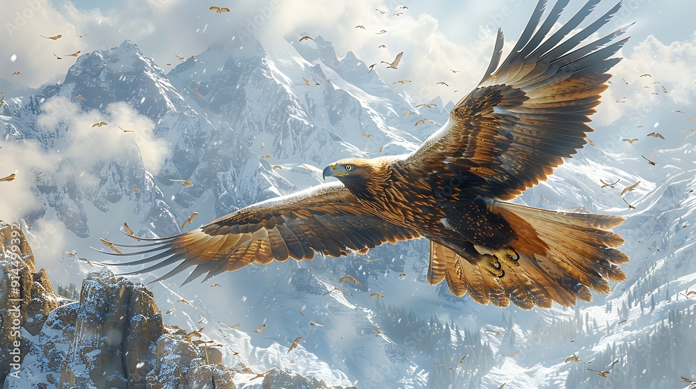 Golden Eagle Aquila chrysaetos soaring majestically above rugged peak ...