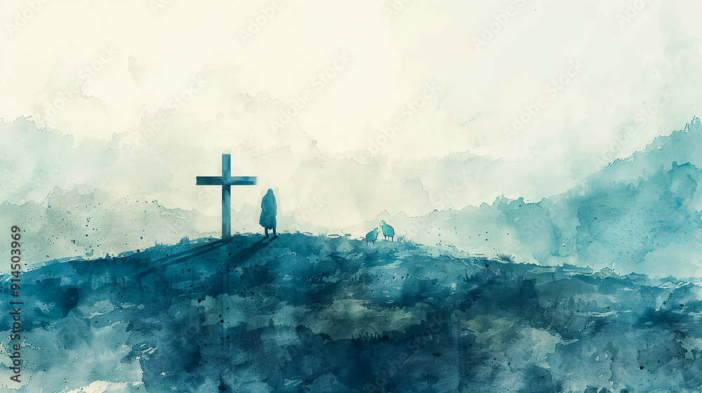 Christian woman praying to god watercolor style background mountains ...