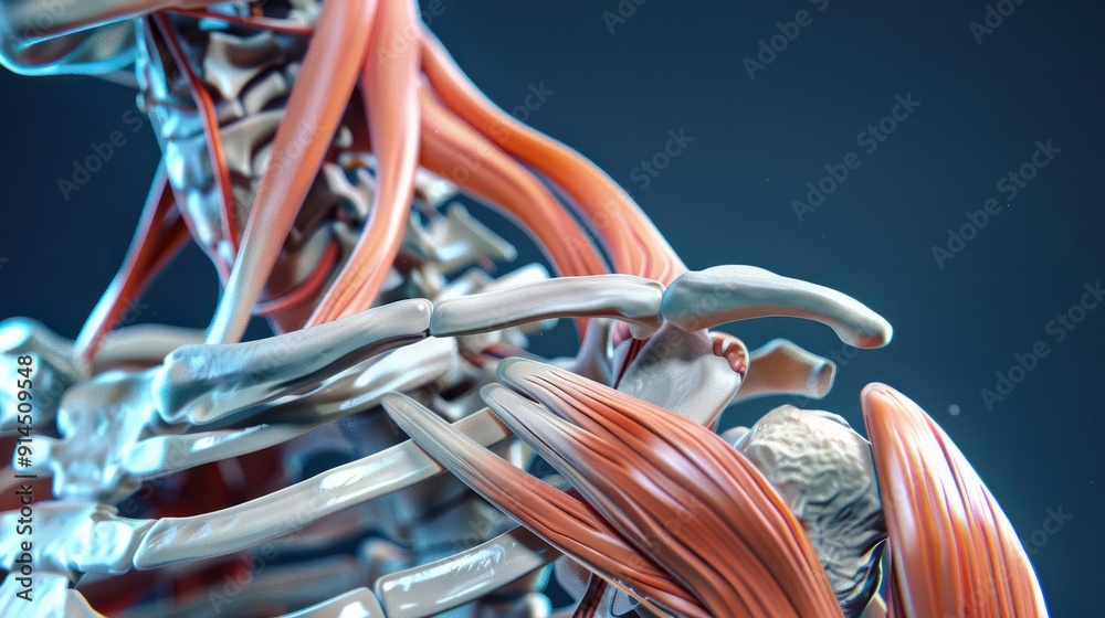 3D illustration of the human clavicle with surrounding anatomical ...