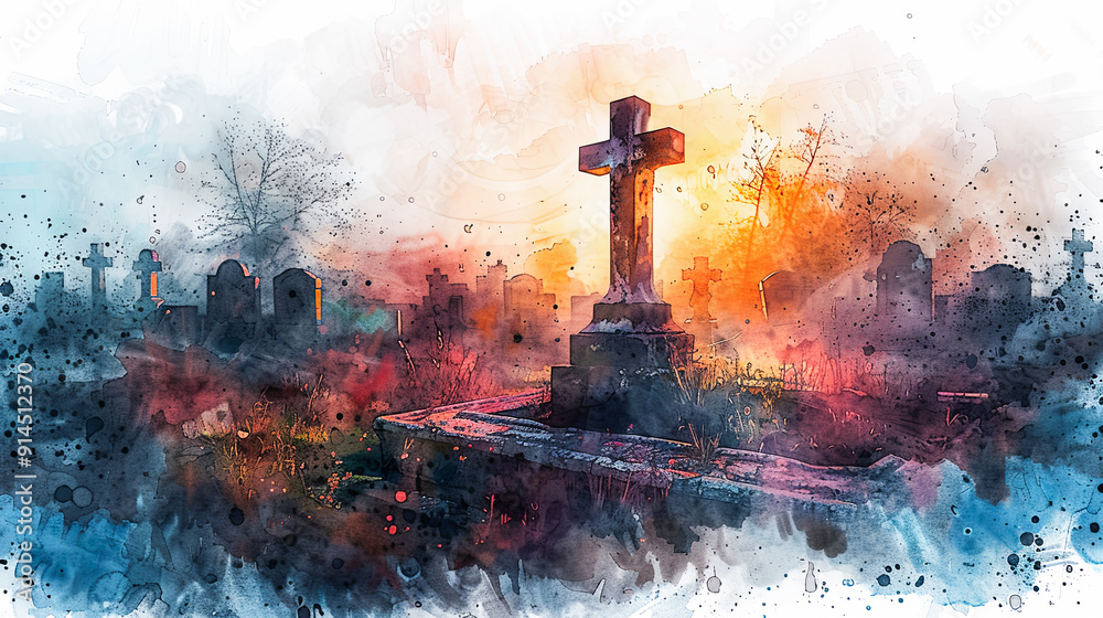 Watercolor painting of a cemetery at sunrise spooky gothic gloomy ...